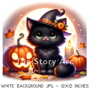 Watercolor Halloween Black Cat Spooky Clipart Pumpkin Hat Cute Kitten ...