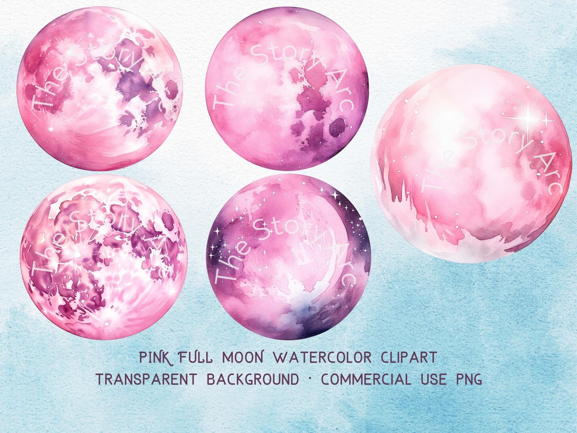 Moon Clipart, 25 Pink Moon PNG, Full Moon, Digital Download, Watercolor ...