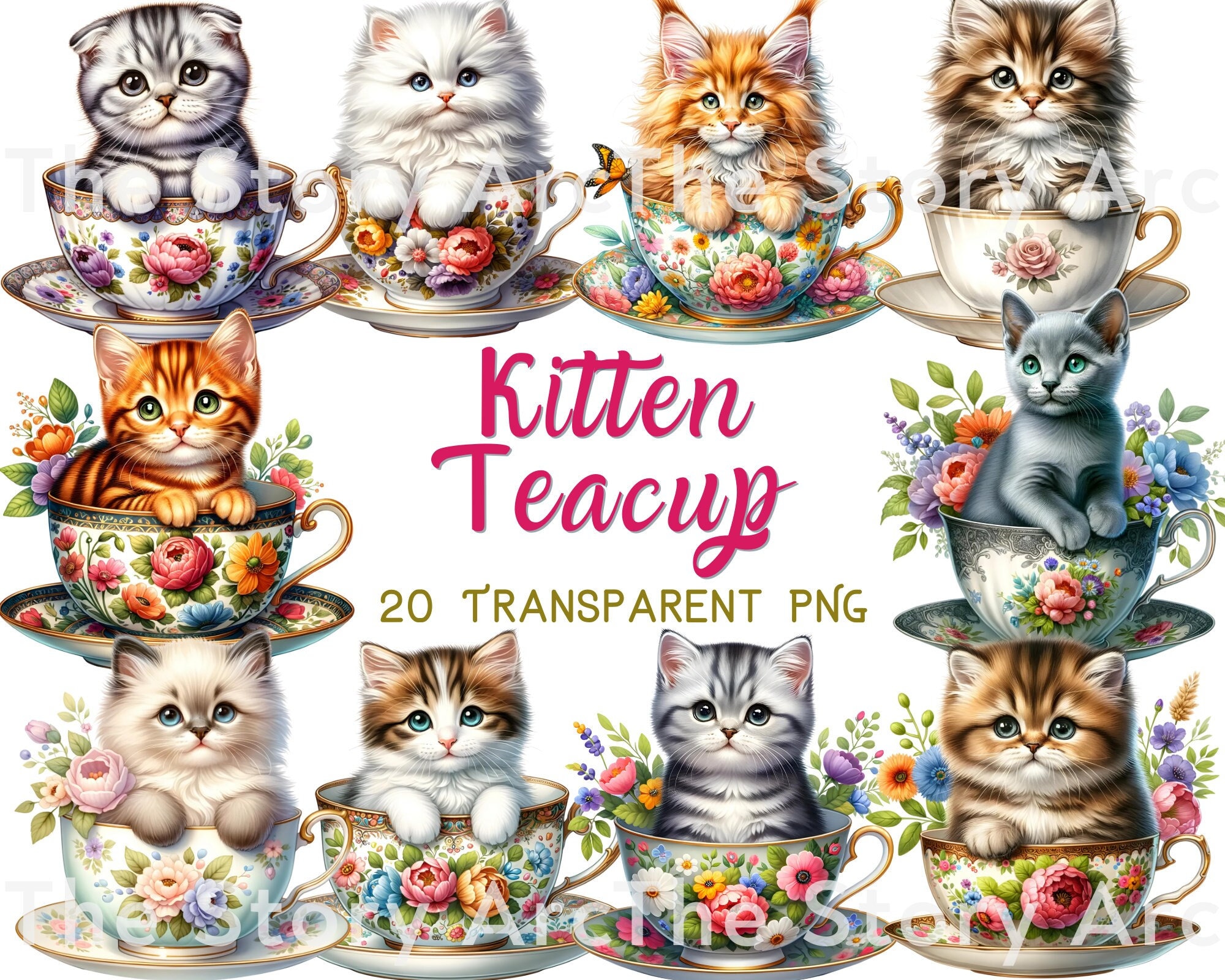 Kitten in Teacup Clipart, 20 Kitten Clipart, Cute Cat Digital Download ...