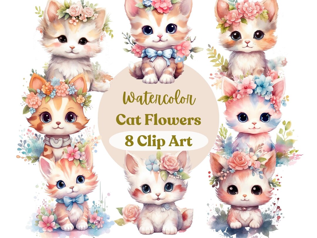 Pawsitively Cute: Set of 8 Whimsical Kitten Watercolor Clipart, High ...