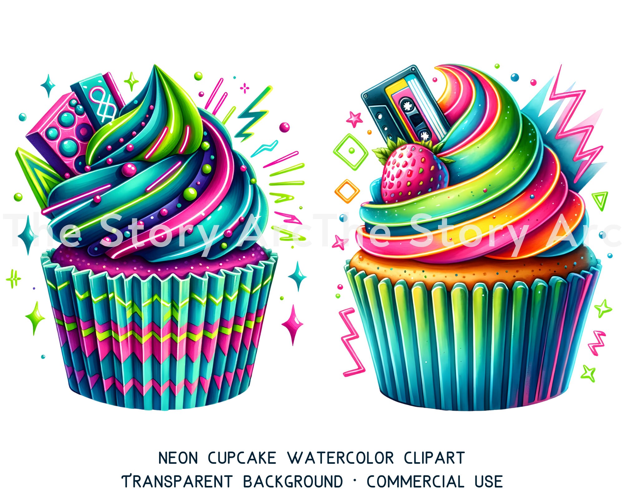 12 Neon Cupcake Clipart, Party Cupcake PNG, Colorful Cupcake Printable ...