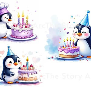 Penguin Birthday Party Clipart, 20 Penguin With Birthday Cake Balloons ...