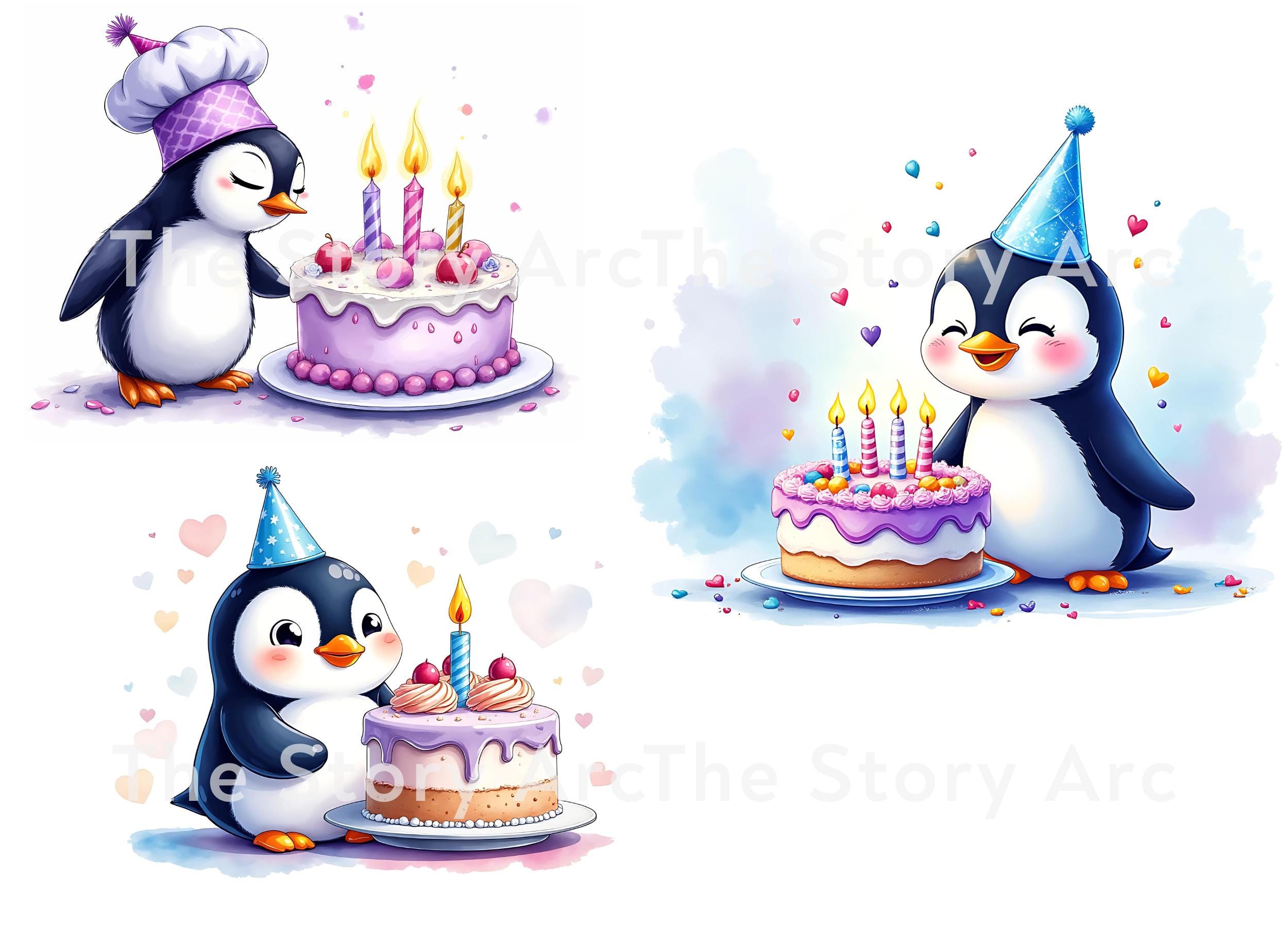 Penguin Birthday Party Clipart, 20 Penguin With Birthday Cake Balloons ...