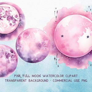 Moon Clipart, 25 Pink Moon PNG, Full Moon, Digital Download, Watercolor ...