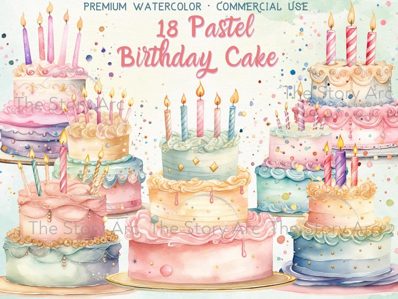 Pastel Birthday Cake, Watercolor Cake, Birthday Clipart, Digital ...
