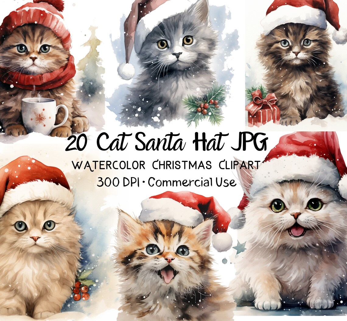 20 Cat Santa Hat Clipart, Watercolor Christmas Clipart, Cat JPG, Cute ...