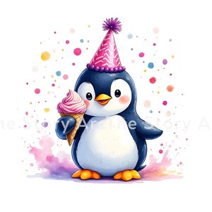 Penguin Birthday Party Clipart, 20 Penguin With Birthday Cake Balloons ...
