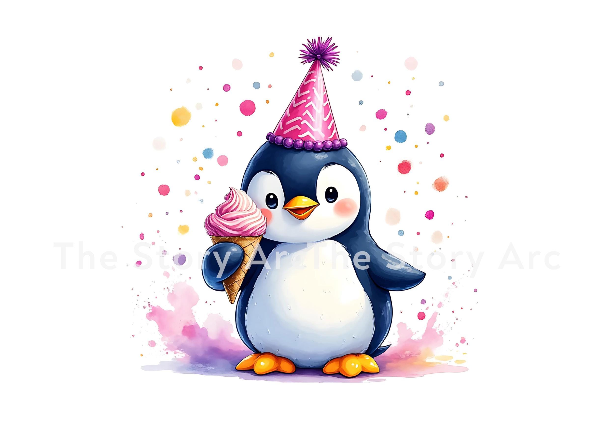 Penguin Birthday Party Clipart, 20 Penguin With Birthday Cake Balloons ...