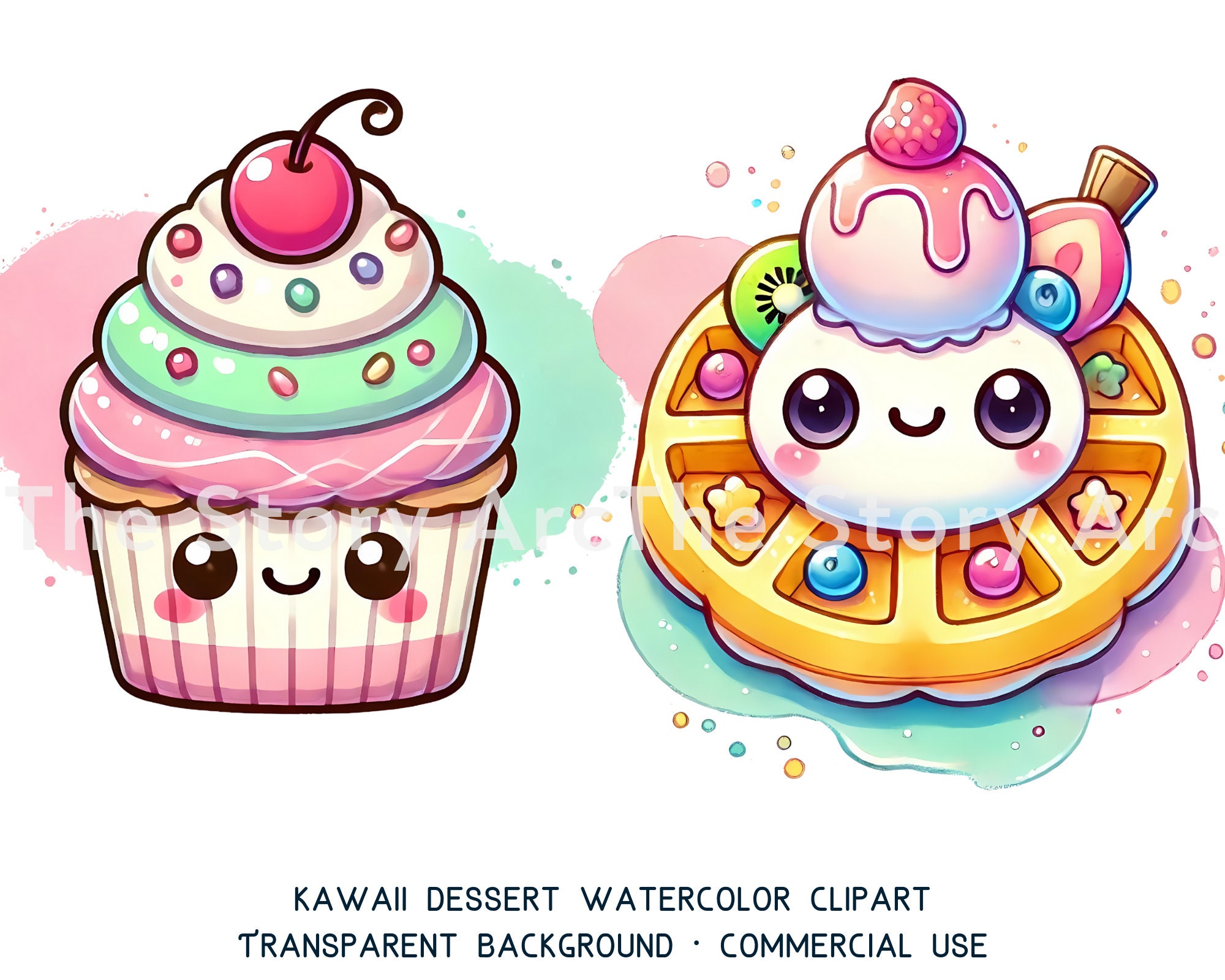 15 Kawaii Dessert Watercolor Clipart, Pastel Desserts, Digital Download ...