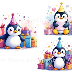 Penguin Birthday Party Clipart, 20 Penguin With Birthday Cake Balloons ...