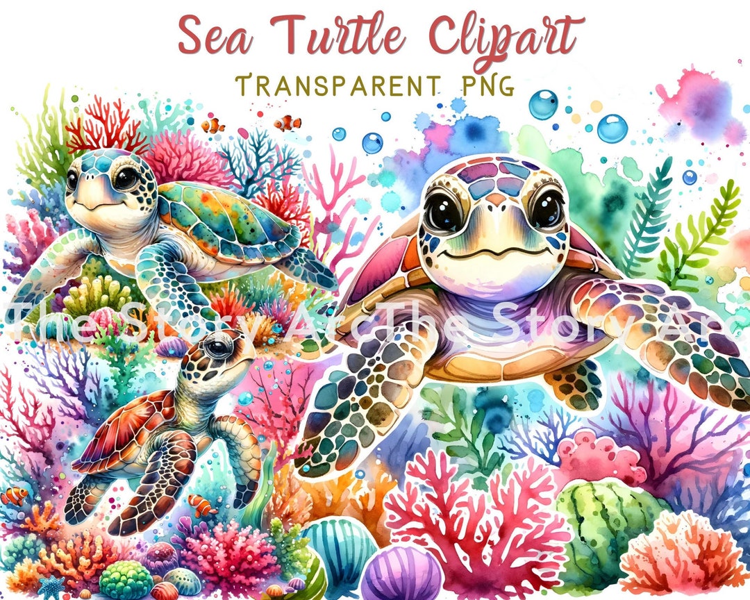 Sea Turtle Clipart, 6 Under the Sea Turtle, Coral Reef, Digital ...
