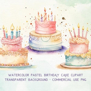 Pastel Birthday Cake, Watercolor Cake, Birthday Clipart, Digital ...