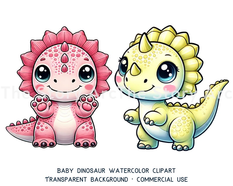 Kawaii Dinosaur Clipart, 12 Baby Dinosaur PNG, Little Dinos, Watercolor ...
