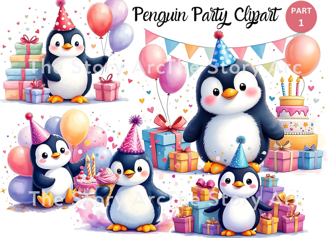 Penguin Birthday Party Clipart, 20 Penguin With Birthday Cake Balloons ...