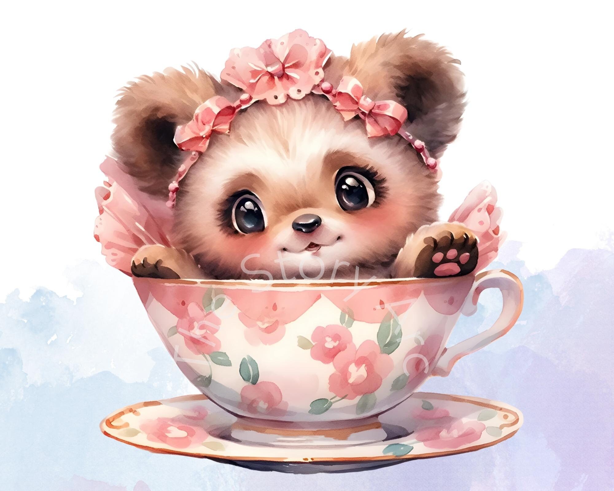 Watercolor Teddy Bear Teacup Clipart: Cute Bear PNG (digital Download ...