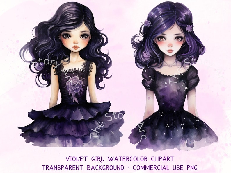 Girl in Violet Clipart, 11 Violet Girl PNG, Whimsical Girl Watercolor ...