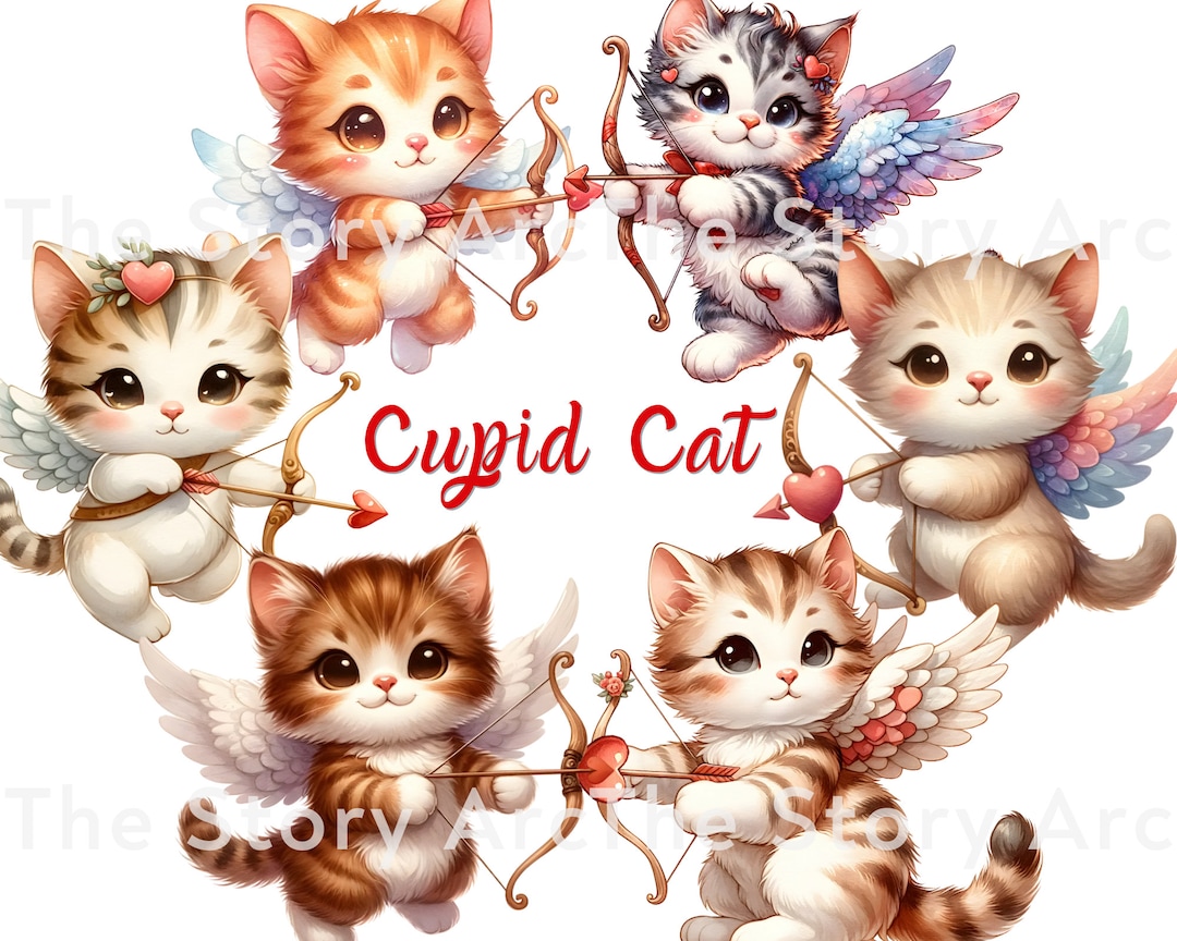 Cupid Cat Clipart, Valentine Kitten PNG, Love Cat, Cute Kitten, Instant ...