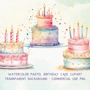 Pastel Birthday Cake, Watercolor Cake, Birthday Clipart, Digital ...