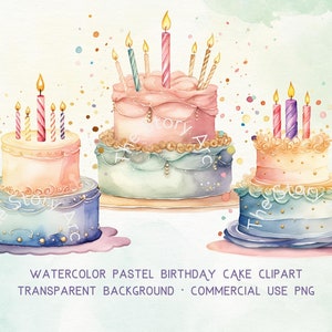 Pastel Birthday Cake, Watercolor Cake, Birthday Clipart, Digital ...