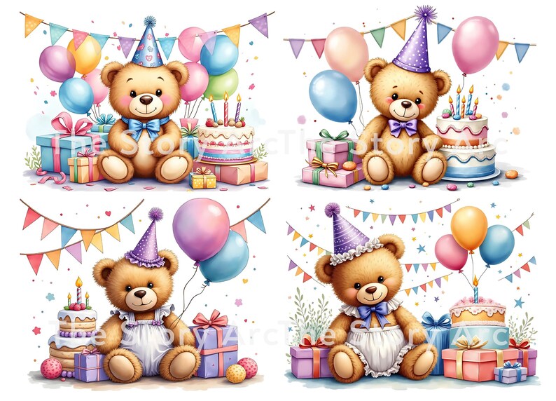 Teddy Bear Party Clipart, 20 Cute Bear With Cake Balloons Gifts, Bear ...