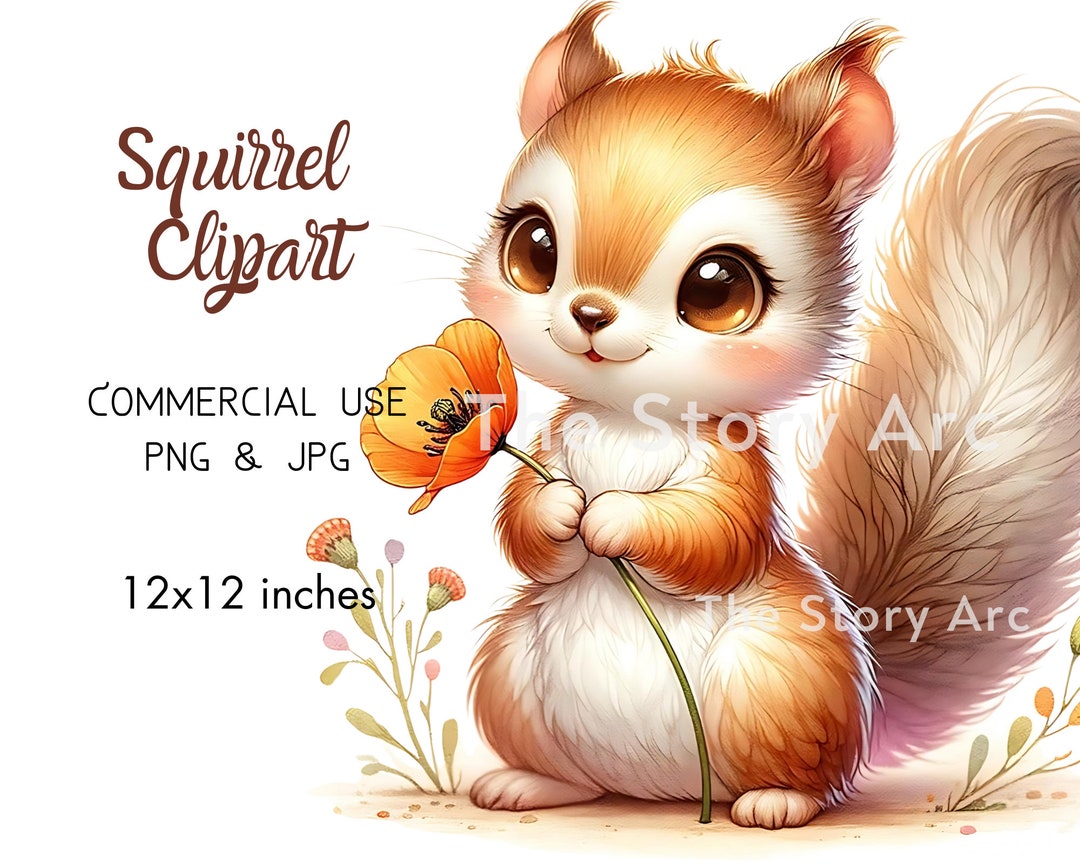 Squirrel Clipart, Squirrel With California Poppy, Digital Download ...