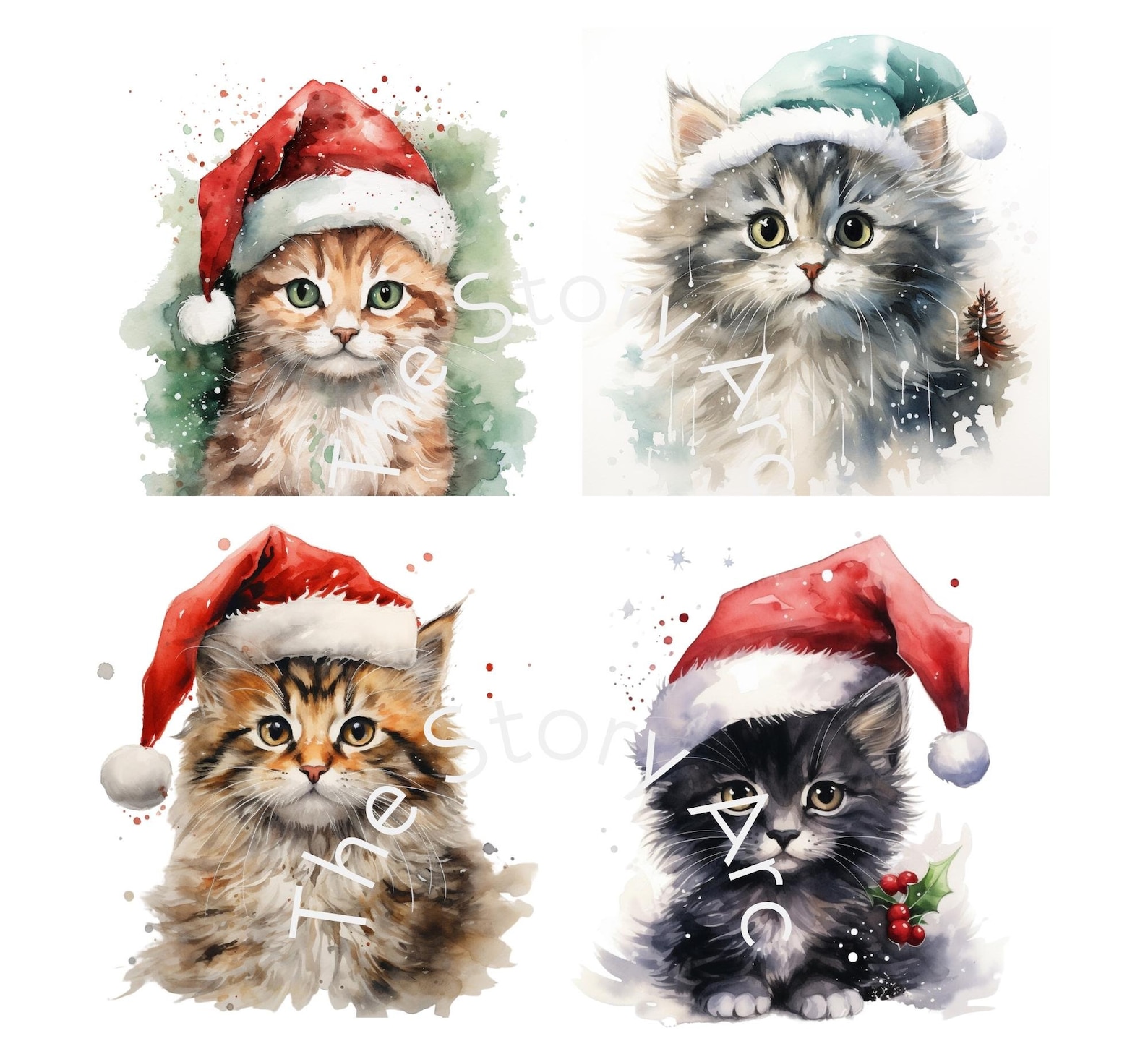 20 Cat Santa Hat Clipart, Watercolor Christmas Clipart, Cat JPG, Cute ...