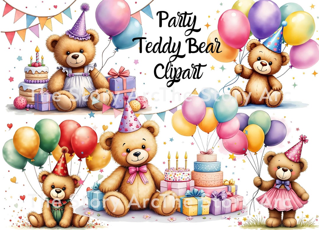 Teddy Bear Party Clipart, 20 Cute Bear With Cake Balloons Gifts, Bear ...