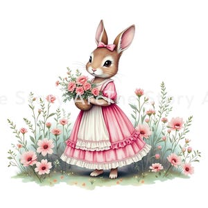 Floral Bunny Watercolor Clipart, Victorian Rabbit Flowers, Vintage ...