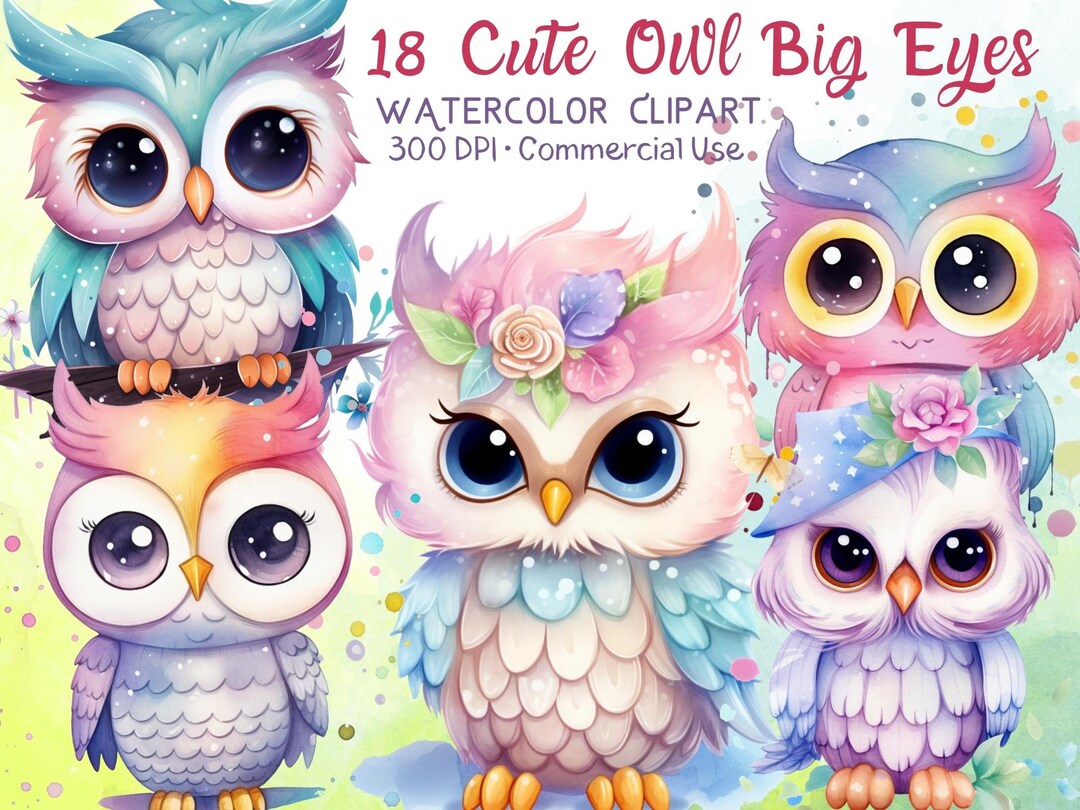Cute Owl Clipart, 18 Watercolor Owl Clipart, Owl Big Eyes Clipart, Owl ...