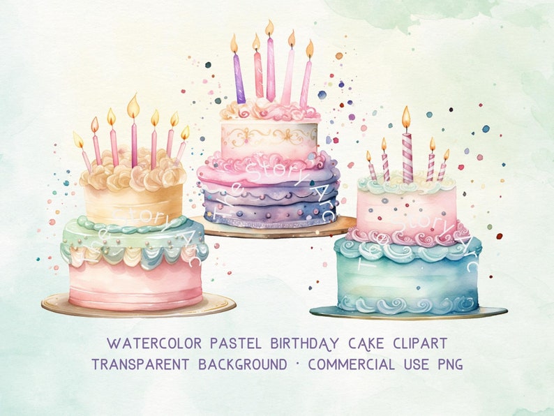 Pastel Birthday Cake, Watercolor Cake, Birthday Clipart, Digital ...