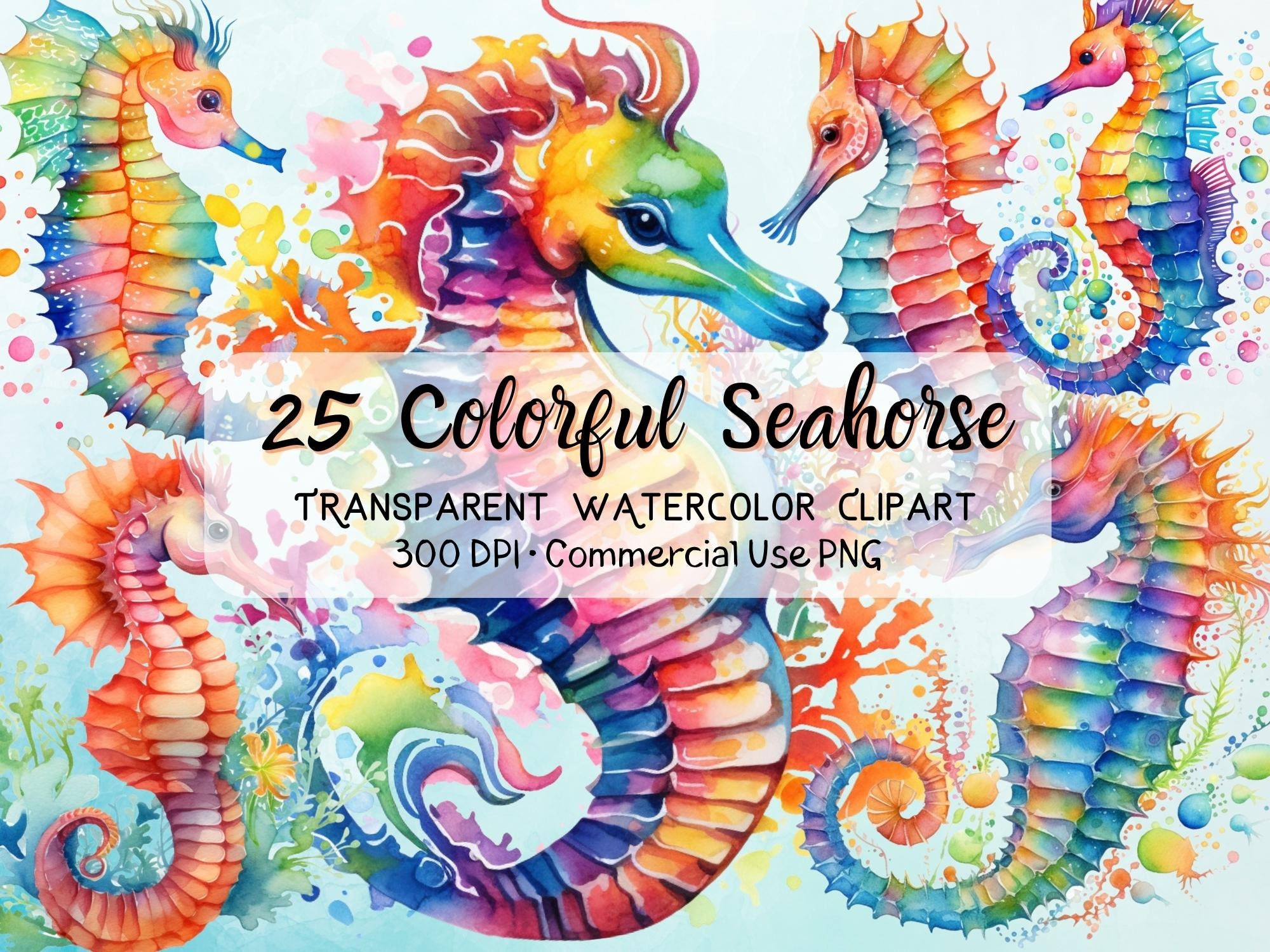 Seahorse Watercolor Clipart, 25 Colorful Seahorse PNG, Under the Sea ...
