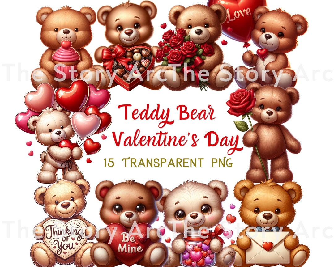 Teddy Bear Valentine's Day Clipart, 15 High Quality PNG, Instant ...