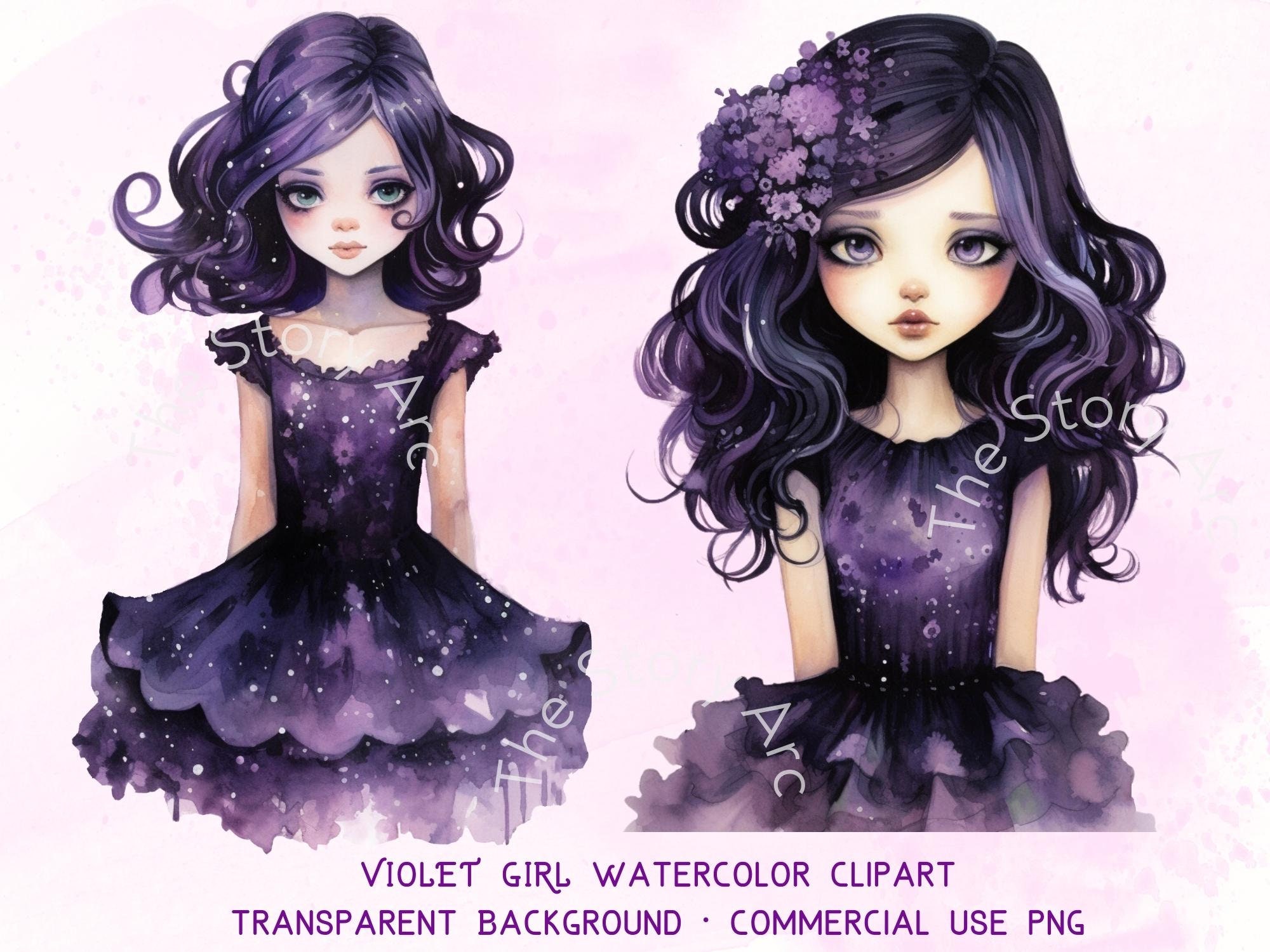 Girl in Violet Clipart, 11 Violet Girl PNG, Whimsical Girl Watercolor ...