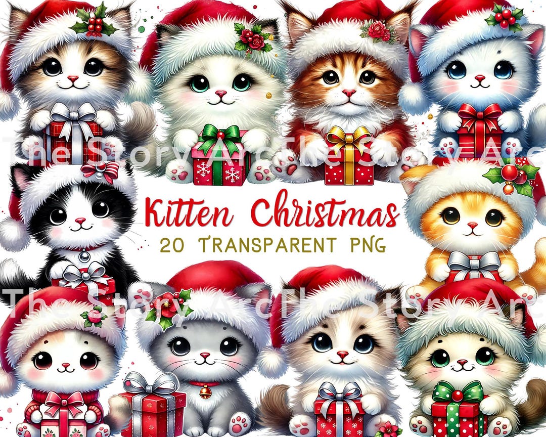 Kitten Christmas Clipart, 20 Cute Kitten PNG, Cat Christmas Gift ...