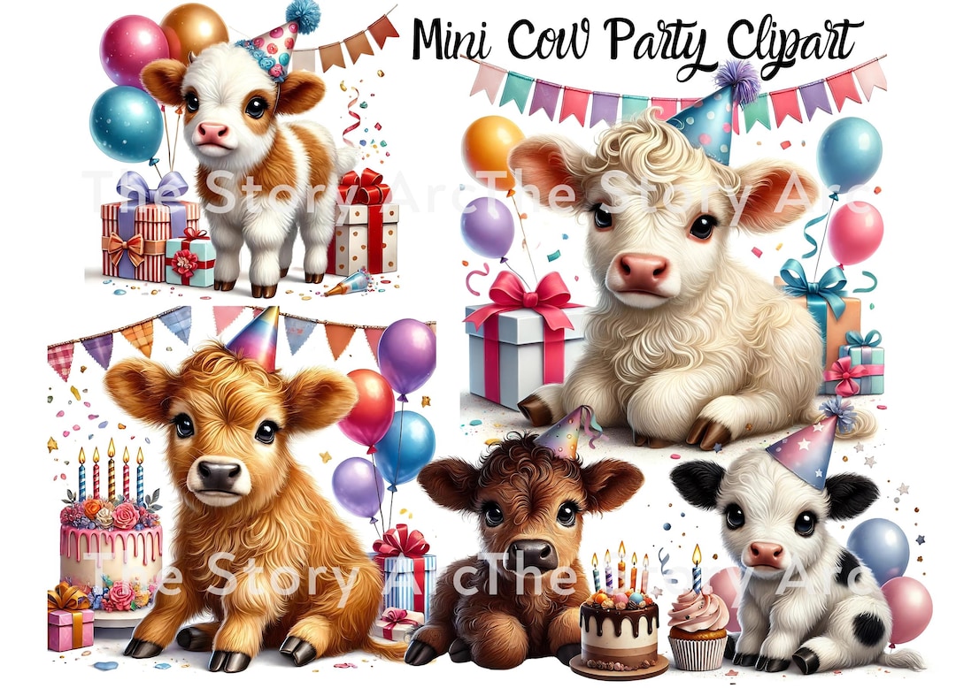 Mini Cow Party Clipart, 20 High Quality JPG Mini Cows With Balloons ...
