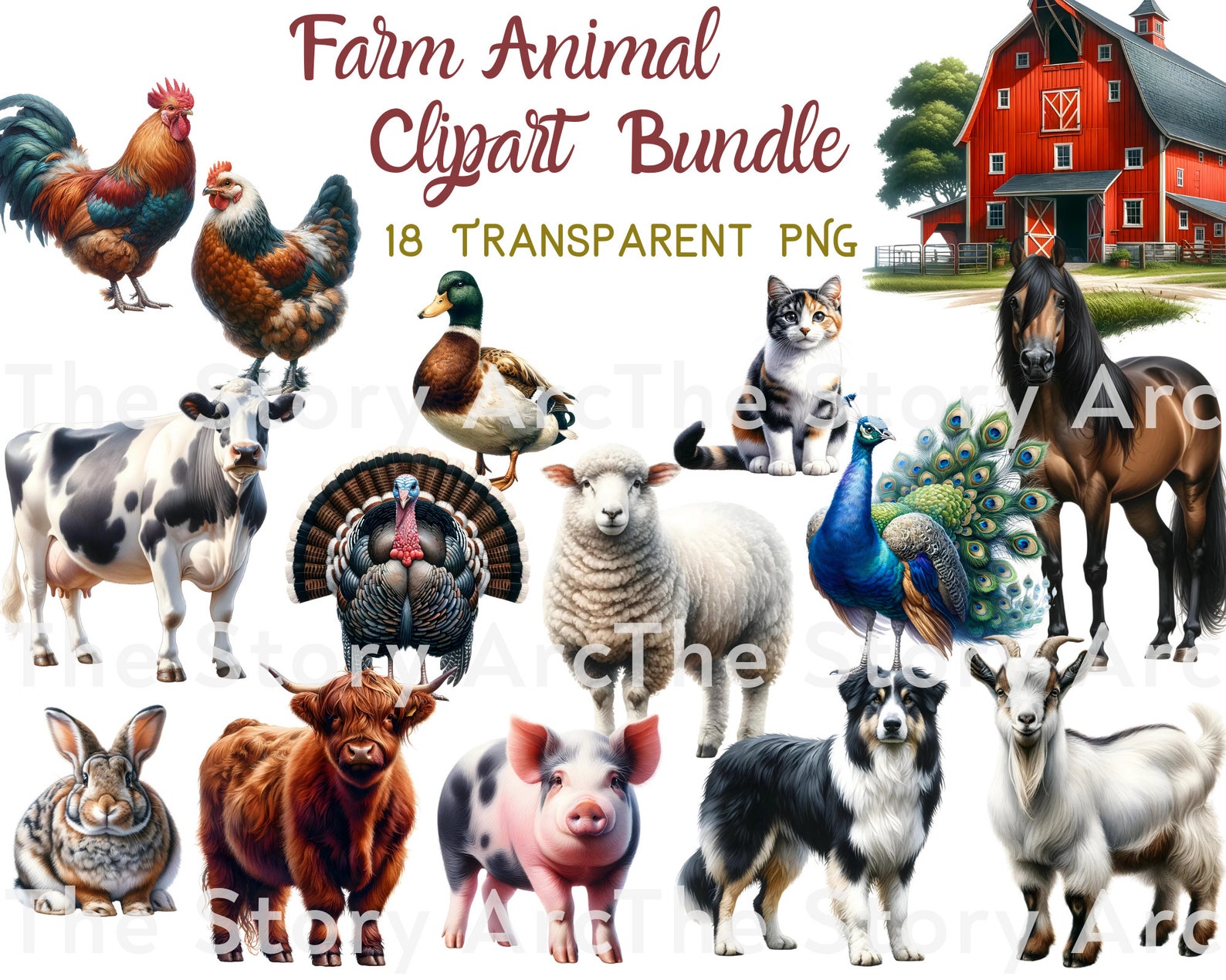 Farm Animal Clipart Bundle, 17 Farm Animals PNG, Red Barn Clipart ...