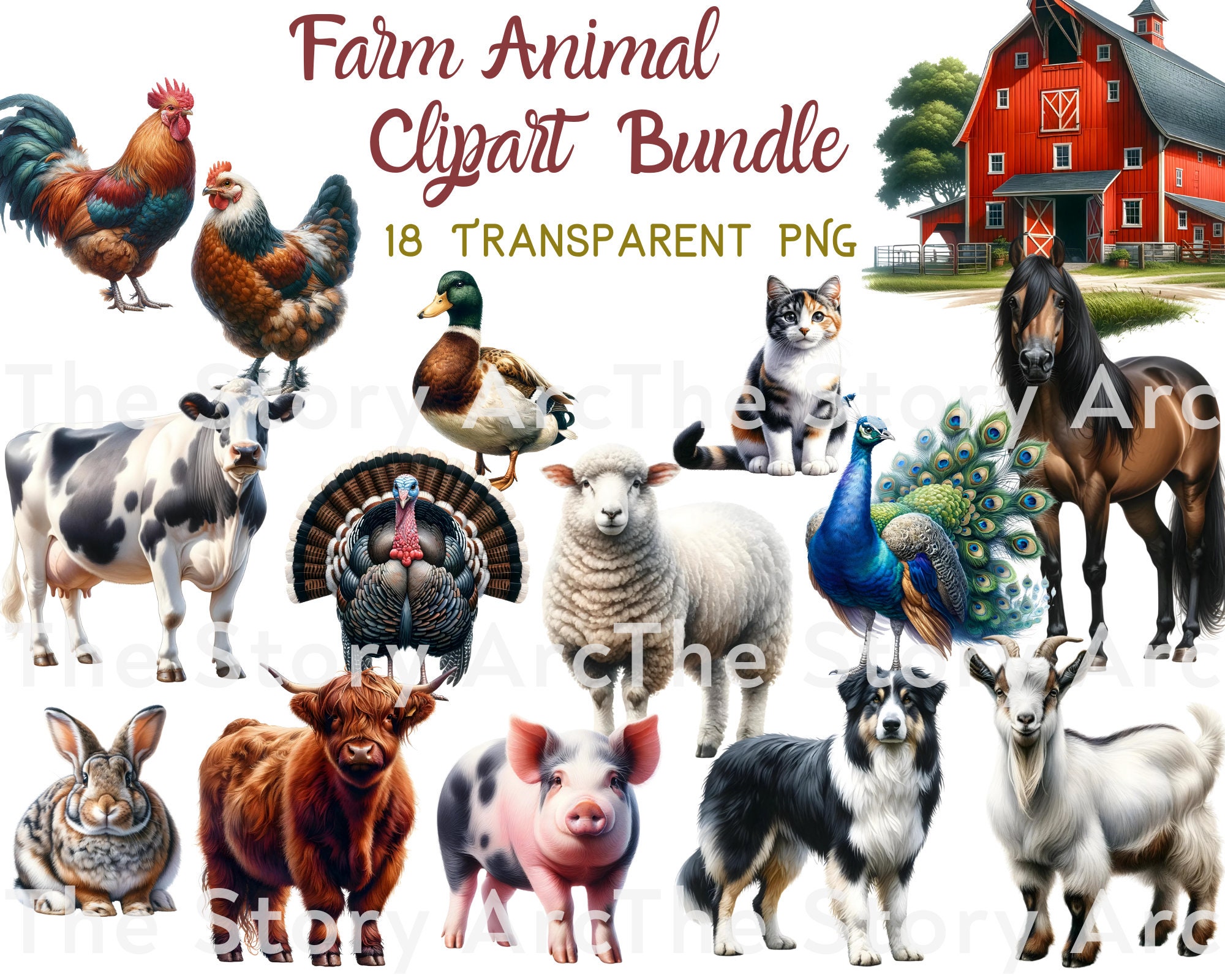 Farm Animal Clipart Bundle, 17 Farm Animals PNG, Red Barn Clipart ...