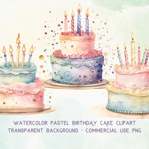 Pastel Birthday Cake, Watercolor Cake, Birthday Clipart, Digital ...