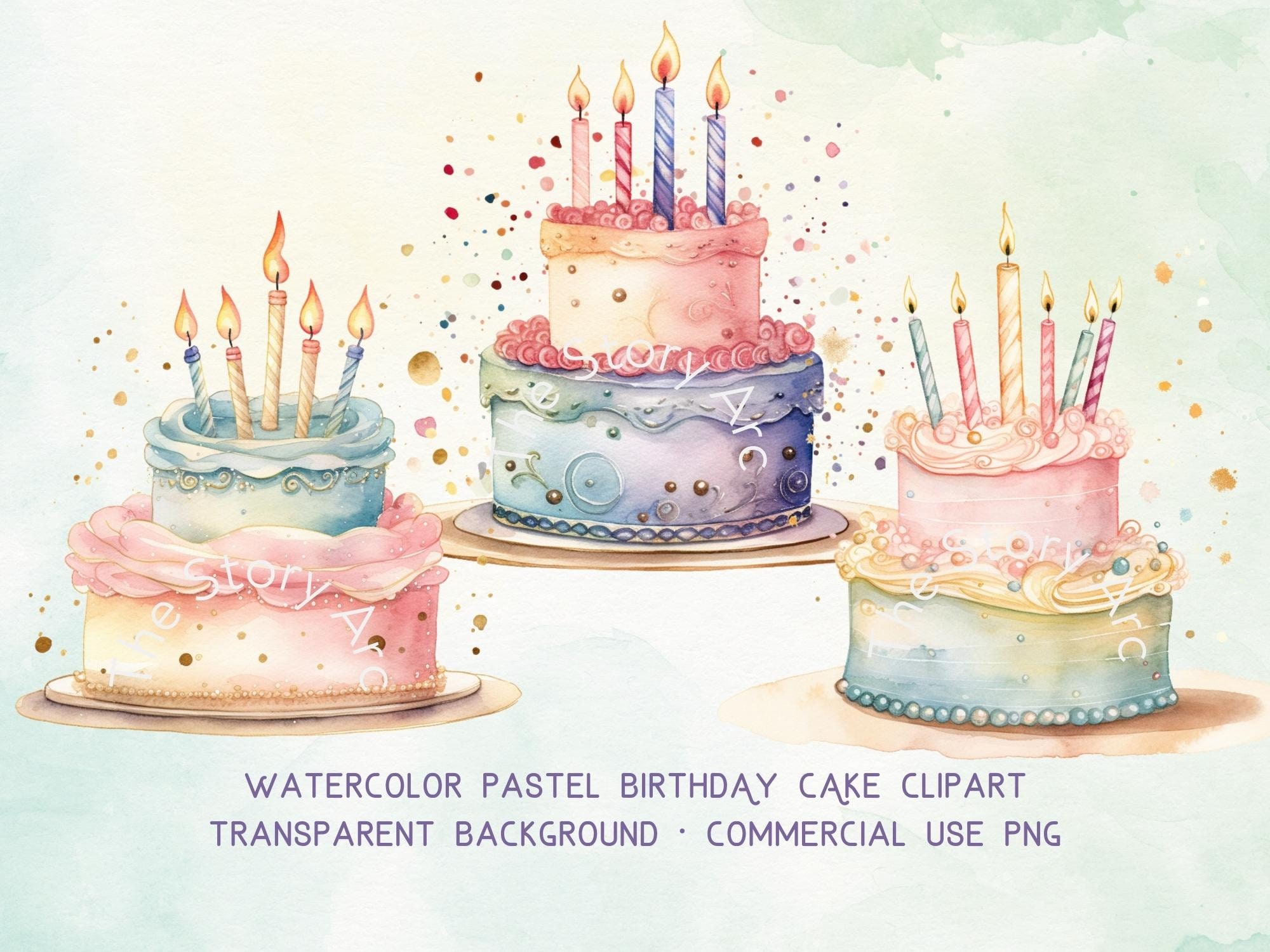 Pastel Birthday Cake, Watercolor Cake, Birthday Clipart, Digital ...