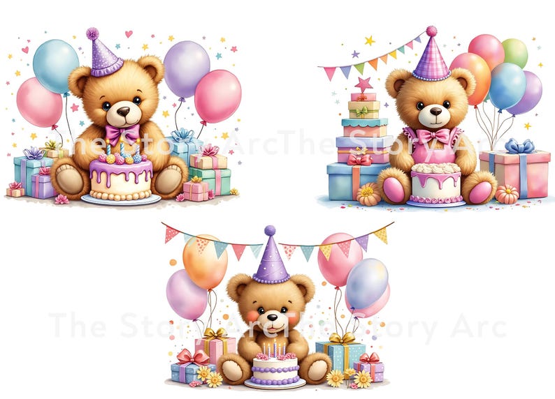Teddy Bear Party Clipart, 20 Cute Bear With Cake Balloons Gifts, Bear ...