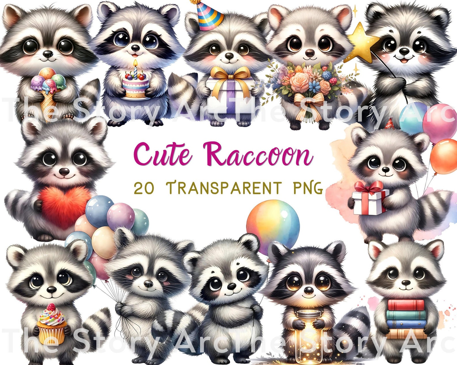 Cute Raccoon Clipart, Party Raccoon PNG, Baby Raccoon, Digital Download ...