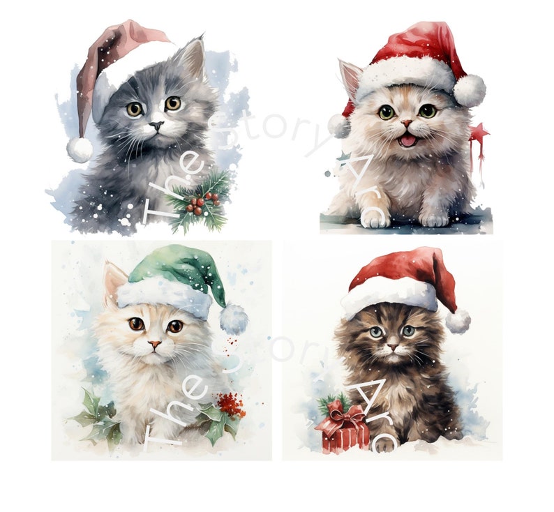 20 Cat Santa Hat Clipart, Watercolor Christmas Clipart, Cat JPG, Cute ...