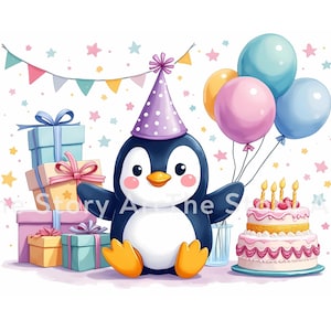 Penguin Birthday Party Clipart, 20 Penguin With Birthday Cake Balloons ...