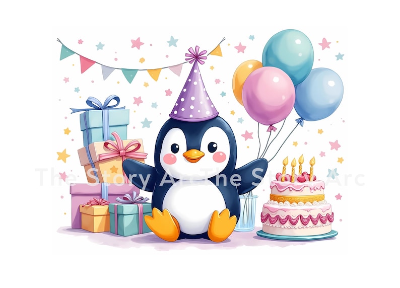 Penguin Birthday Party Clipart, 20 Penguin With Birthday Cake Balloons ...