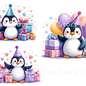 Penguin Birthday Party Clipart, 20 Penguin With Birthday Cake Balloons ...