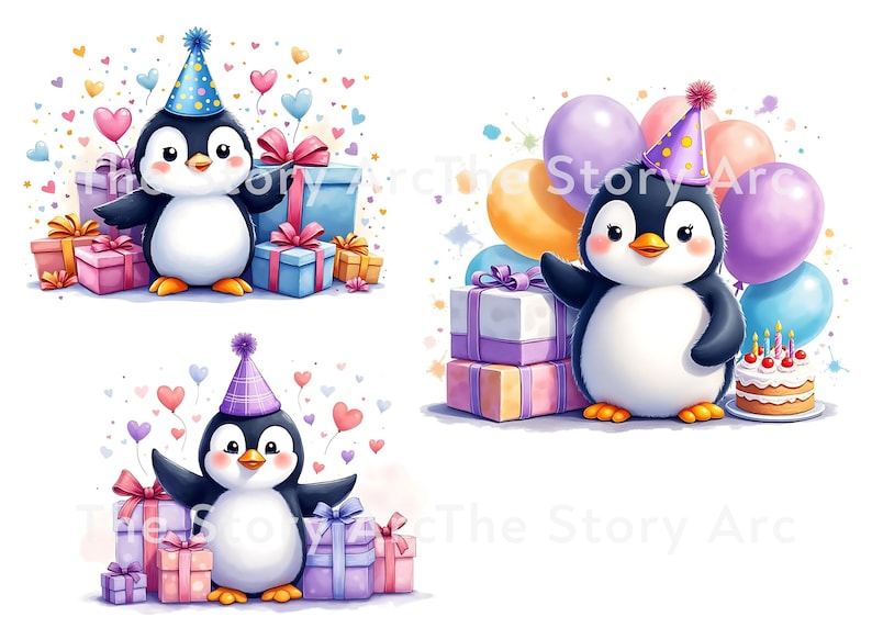 Penguin Birthday Party Clipart, 20 Penguin With Birthday Cake Balloons ...
