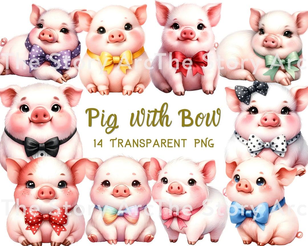 Cute Pig Clipart, 14 Pig With Bow, Watercolor Piggy, Digital Download ...