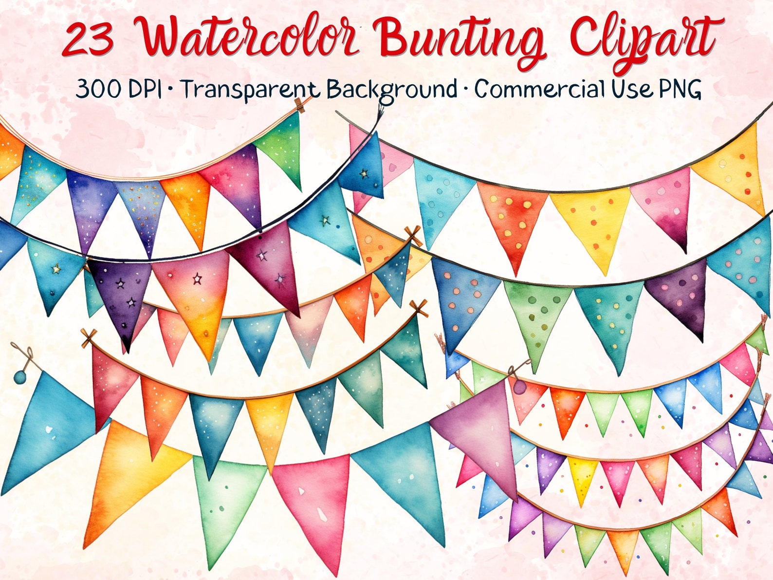 Bunting Clipart, 23 Bunting Flags Watercolor Clipart, Bunting Banner ...