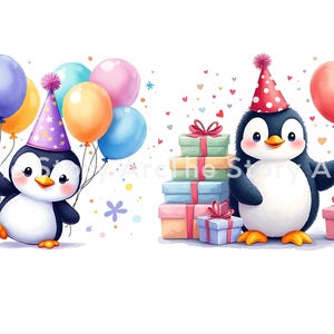 Penguin Birthday Party Clipart, 20 Penguin With Birthday Cake Balloons ...