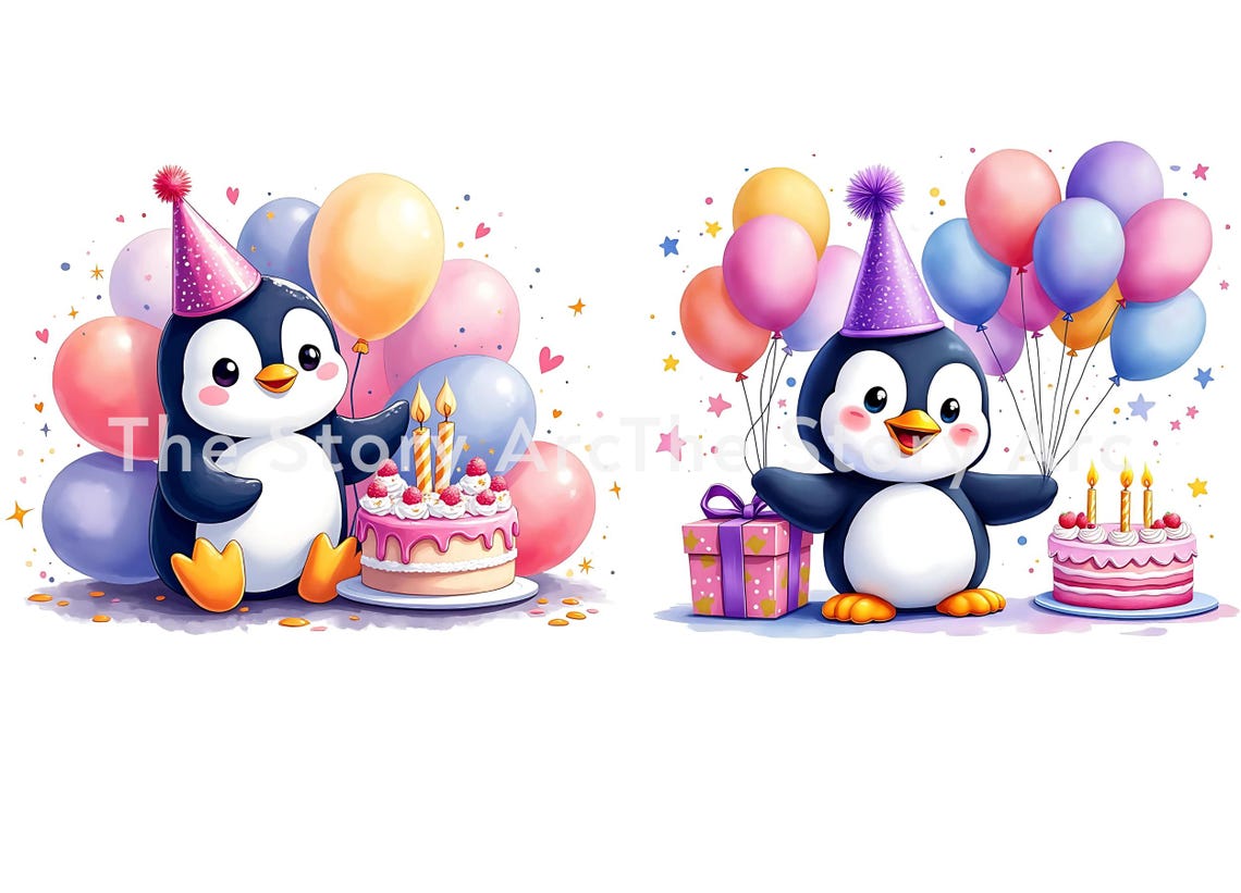 Penguin Birthday Party Clipart, 20 Penguin With Birthday Cake Balloons ...
